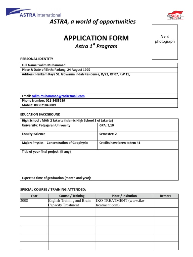 Application Form: ASTRA, A World of Opportunities | PDF | Academia ...