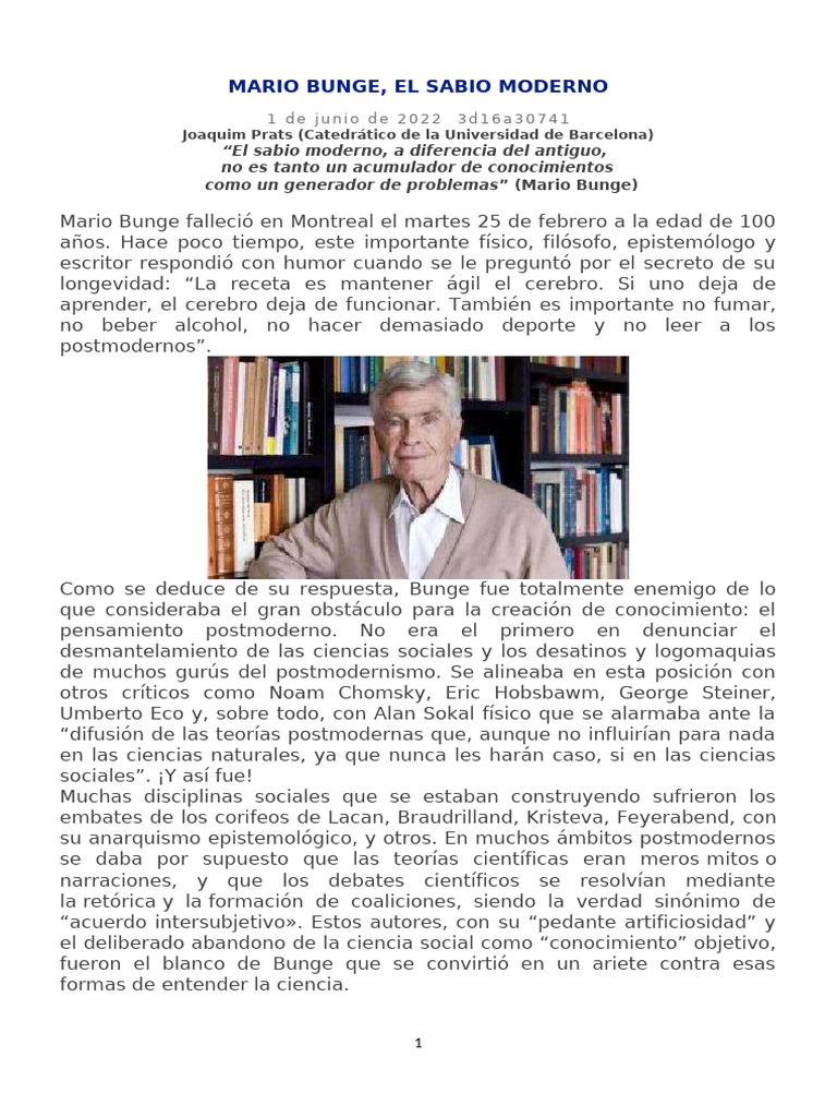 Legado de Mario Bunge en la Ciencia | PDF | Conocimiento | Science