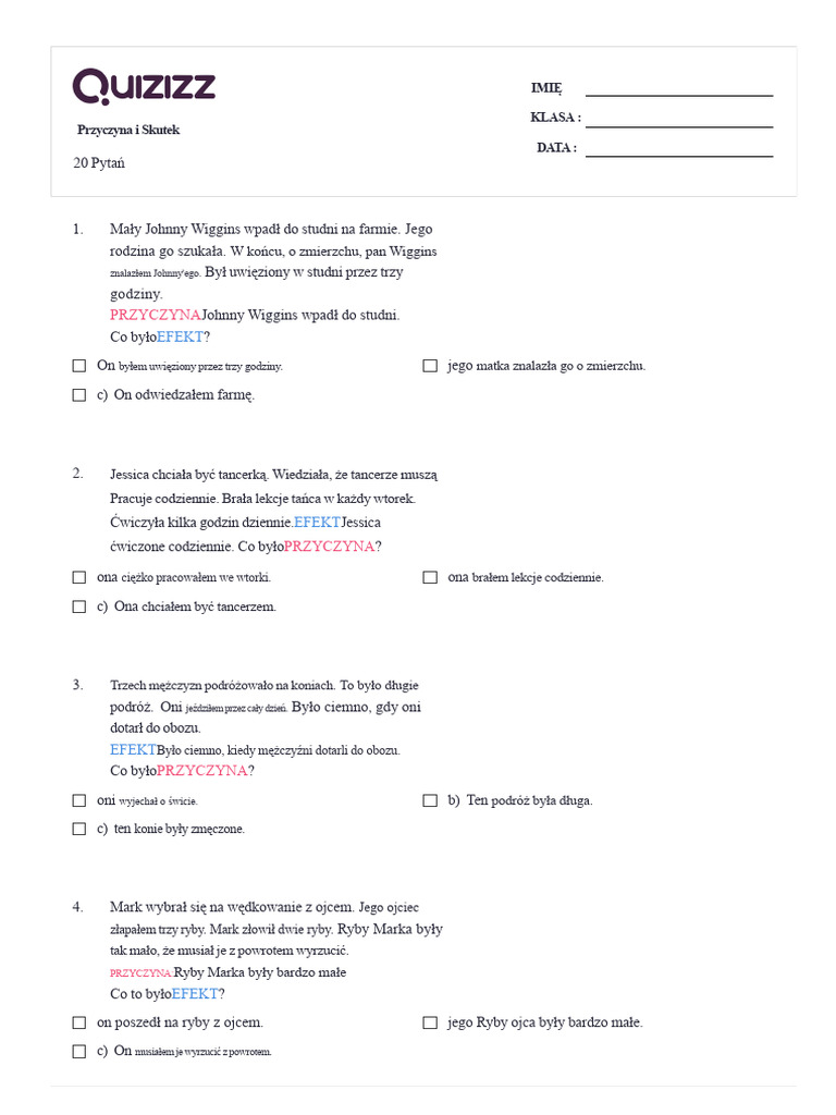 Przyczyna I Skutek - Druk - Quizizz | PDF