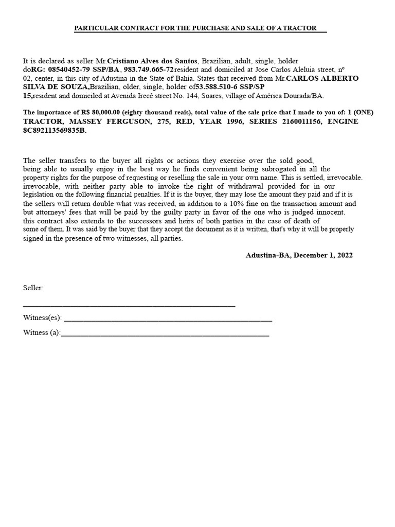 Tractor Purchase and Sale Contract | PDF