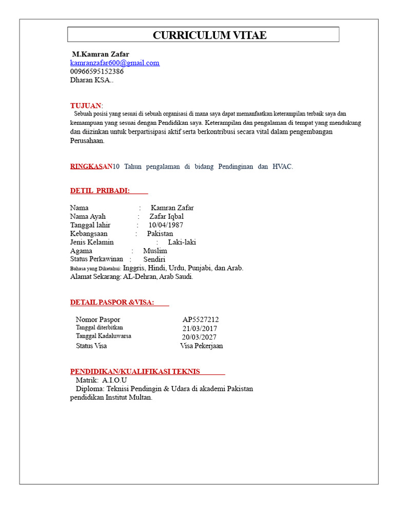 CV Teknisi AC Kamran Zafar | PDF