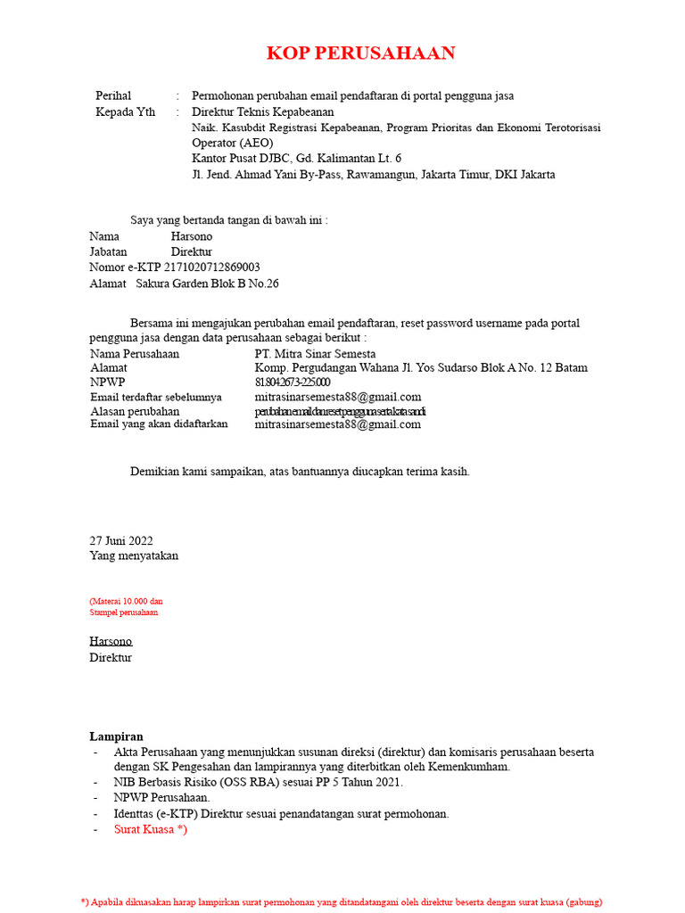Contoh Permohonan Perubahan Email Dan Reset Pengguna Serta Kata Sandi ...