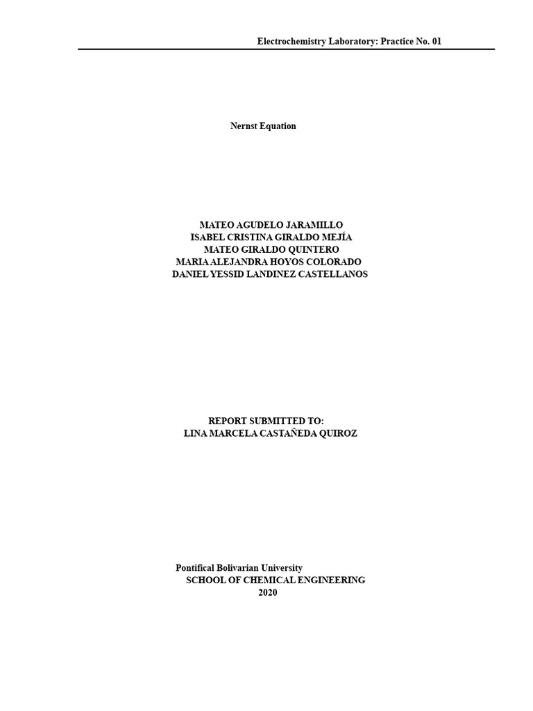 Nernst Equation Analysis in Electrochemistry | PDF | Electrochemistry ...