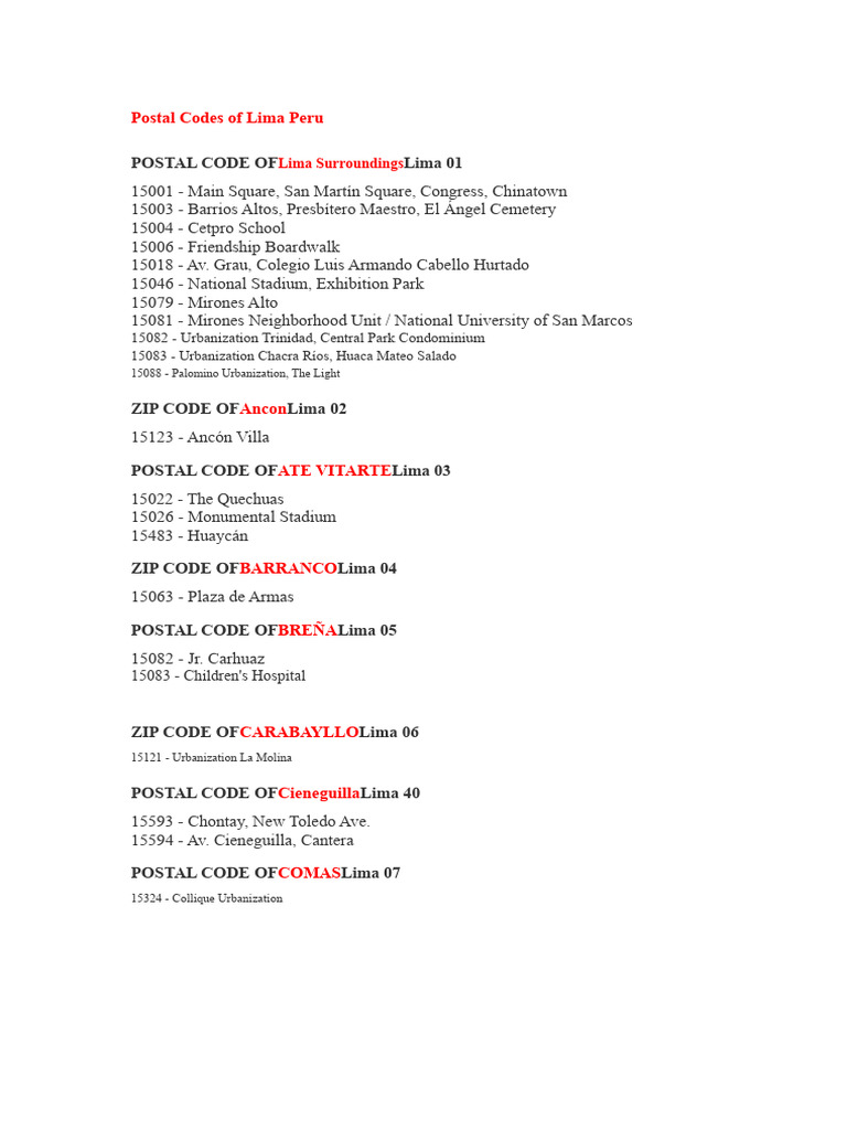Postal Codes of Lima Peru | PDF | Lima | Peru