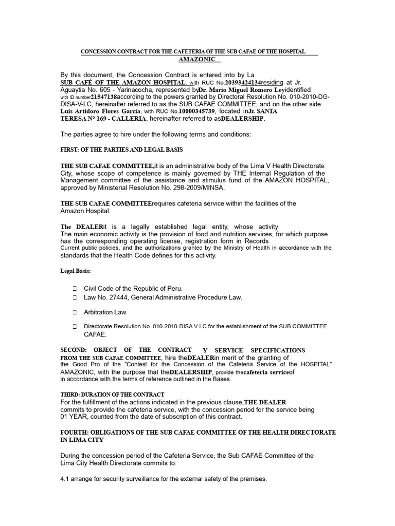 Concession Contract of The Cafeteria of The Sub-Cafeteria of The Amazon Hospital | PDF | Justice ...