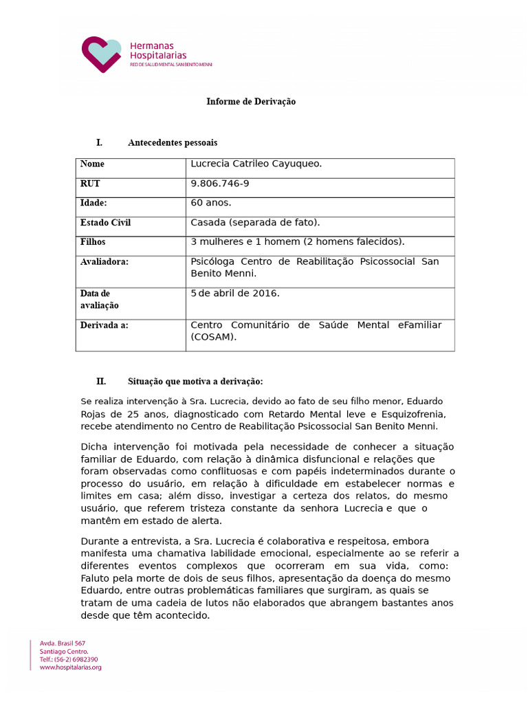 Avaliação Psicológica de Lucrecia Catrileo | PDF | Saúde mental ...