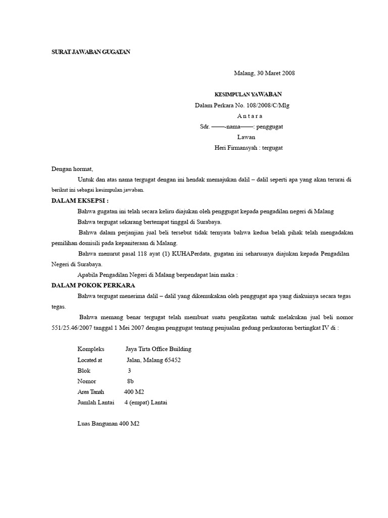 Contoh Surat Jawaban Gugatan | PDF