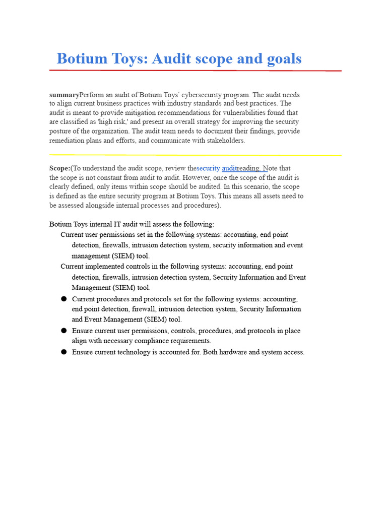 Botium Toys - Audit Scope and Goals | PDF | Computer Security | Security