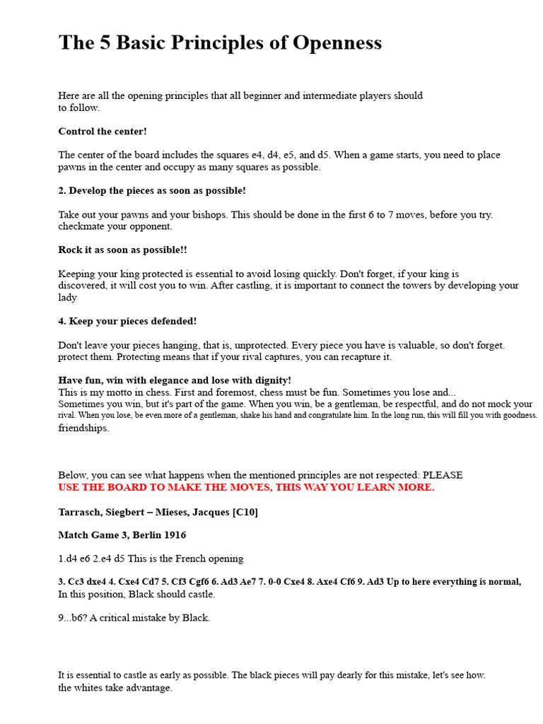 The 5 Basic Principles of Opening | PDF | Chess Openings | Traditional ...