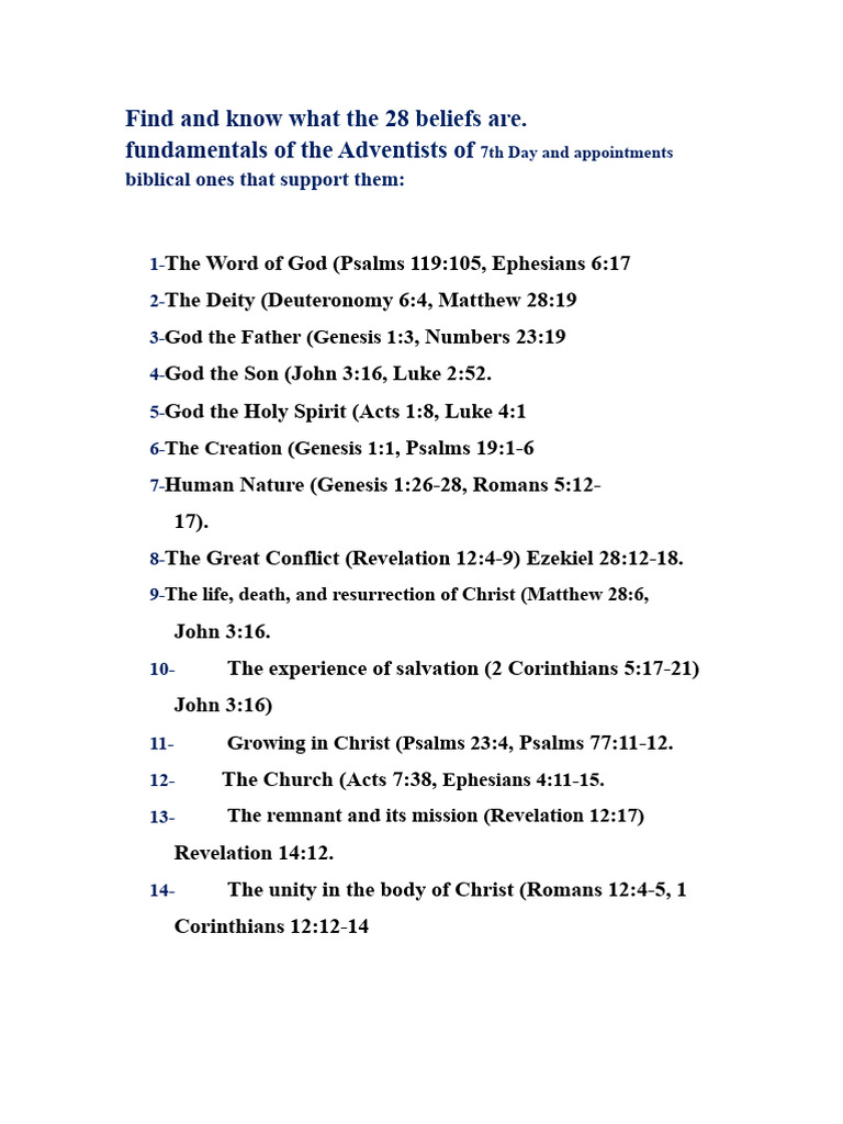28 Fundamental Beliefs of The Seventh-Day Adventists | PDF