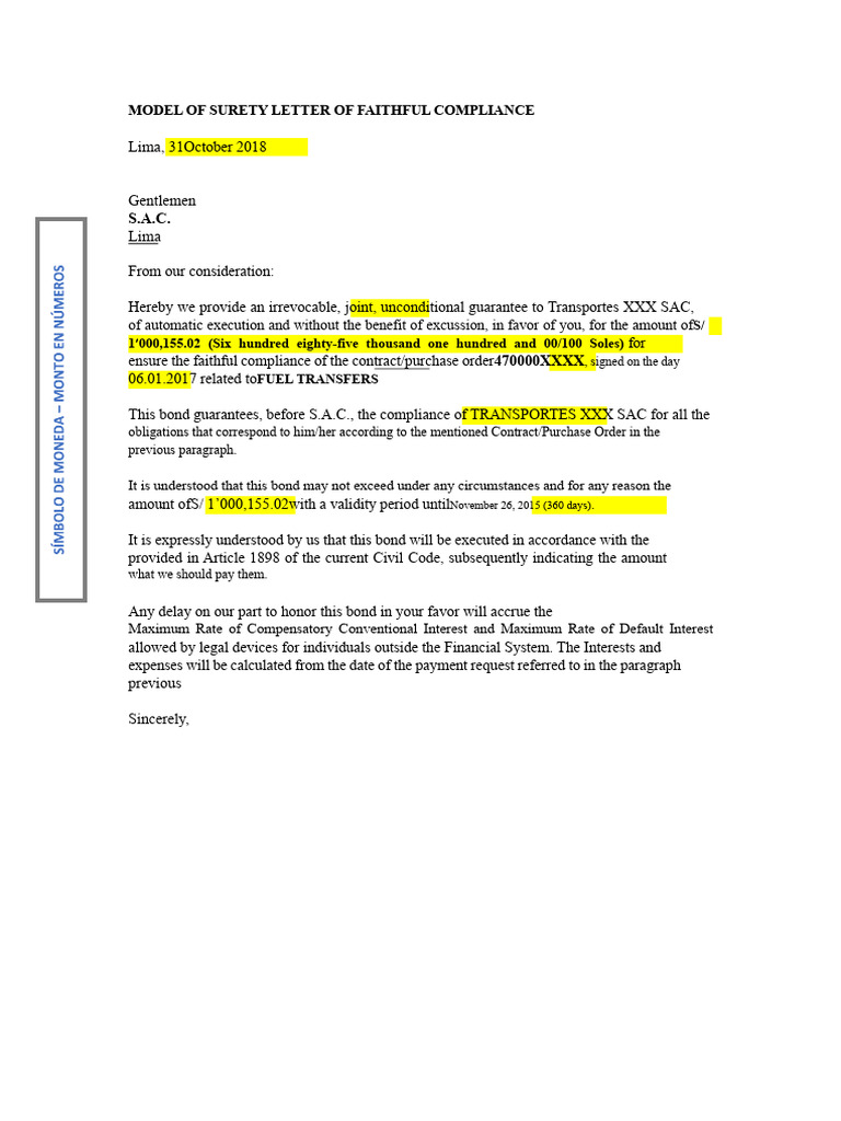 Surety Bond Letter Model | PDF