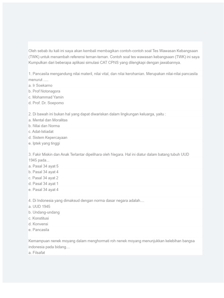 Contoh Soal Tes Wawasan Kebangsaan | PDF