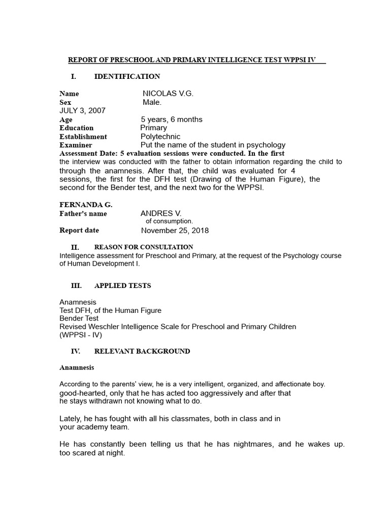 Wechsler Preschool and Primary Scale of Intelligence IV Test Report ...