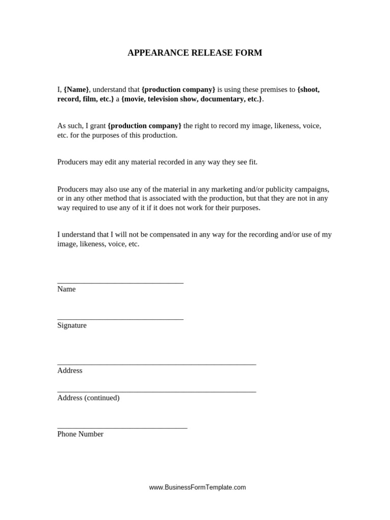 Appearance Release Form Template | PDF