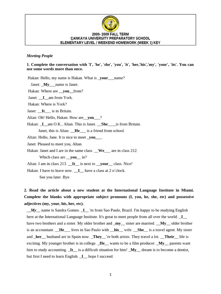 Elementary Week 1 Weekend HW - KEY | PDF | Brazil | Linguistics