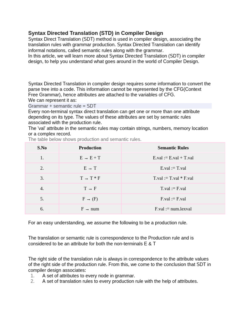 Syntax Directed Translation (STD) in Compiler Design: Grammar + Semantic Rule SDT | PDF ...