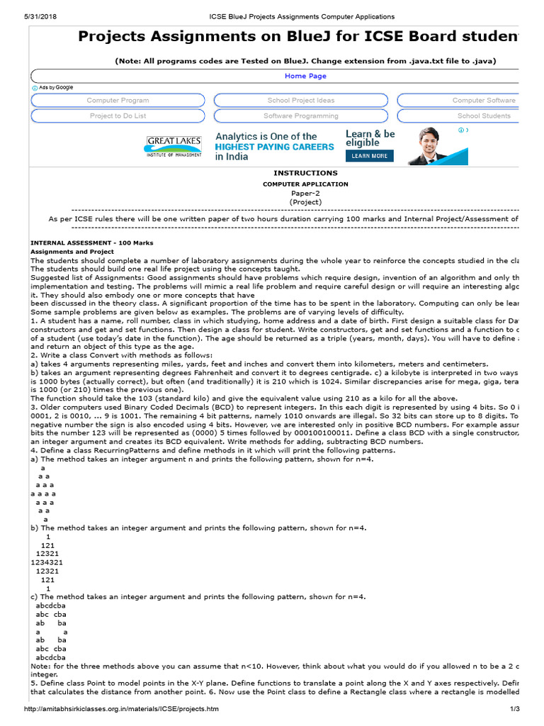 ICSE BlueJ Projects Assignments Computer Applications | PDF | Binary Coded Decimal | Integer ...