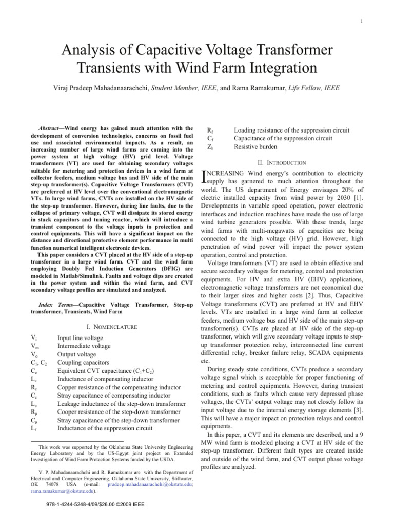 Viraj Pradeep Mahadanaarachchi 2009 Analysis of Capacitive Voltage Transformer Transients With ...