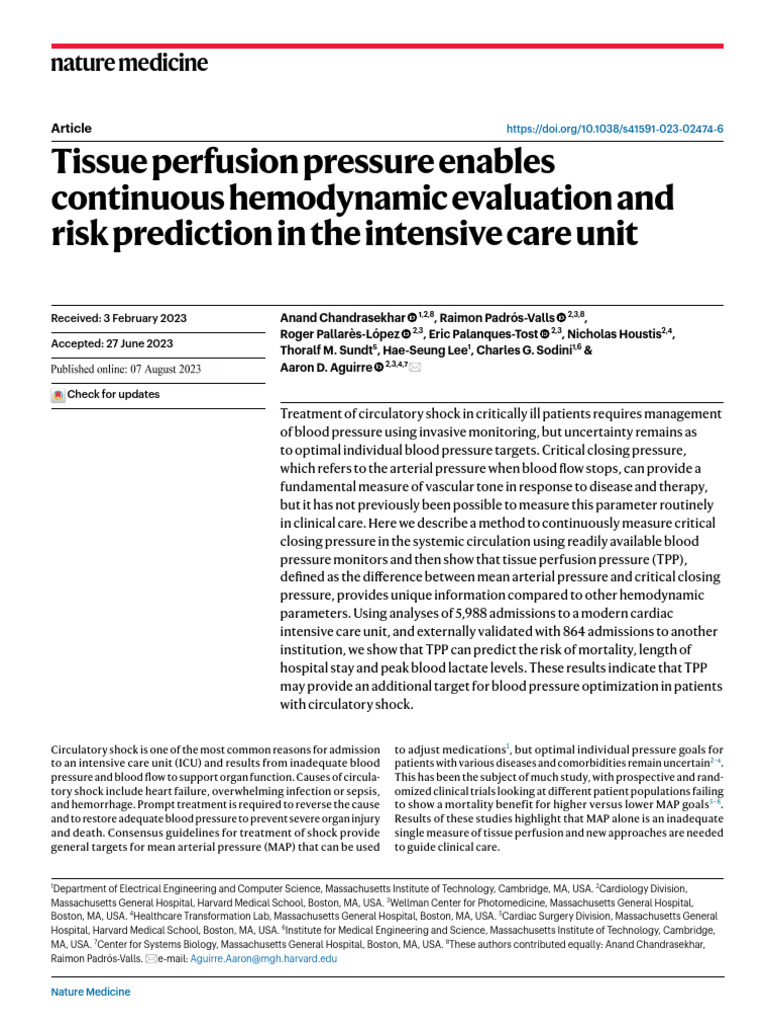 Tissue Perfusion Pressure Enables Continuous Hemodynamic Evaluation and ...