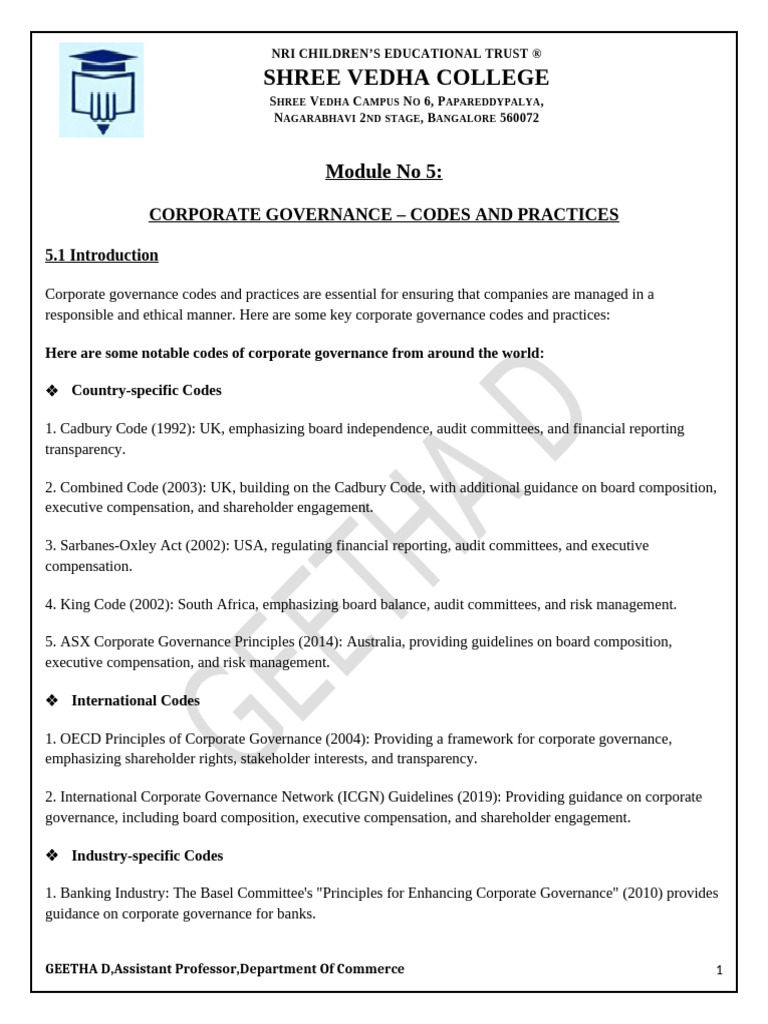 Corporate Governance Codes and Practices | PDF | Corporate Governance ...
