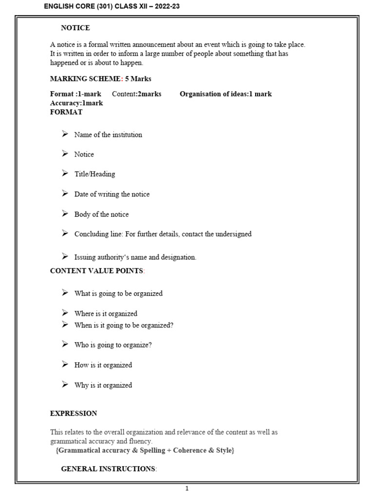 Class 12 Notice Writing Guide | PDF | Résumé