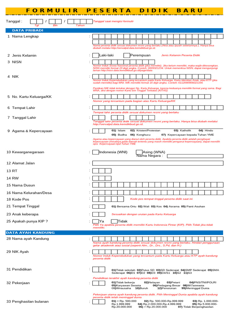 Formulir Pendaftaran Siswa Baru | PDF