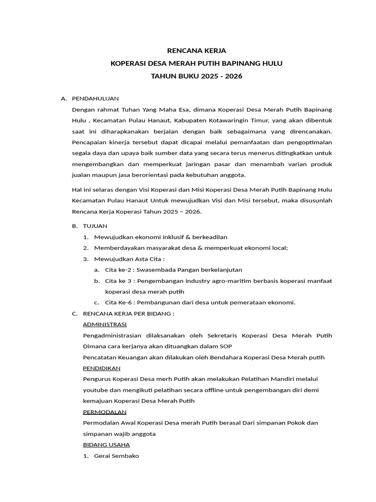 Rencana Kerja KMP Desa Bapinang Hulu | PDF