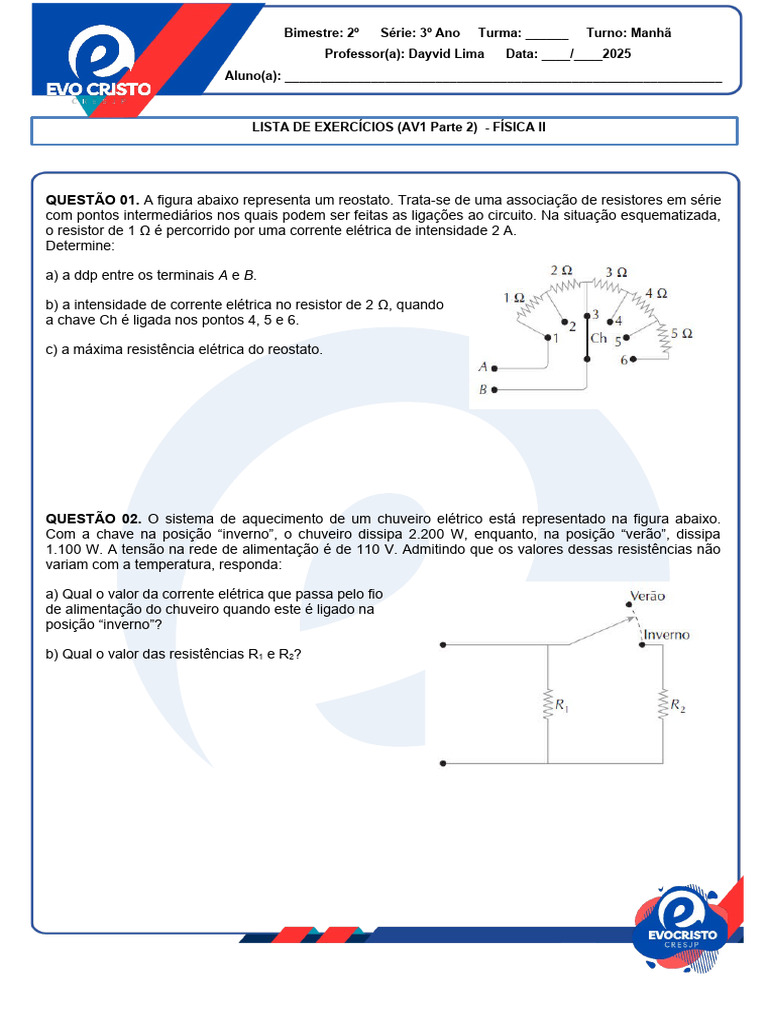 Lista de Exercícios AV1 (Parte 2) - 3º Ano | PDF