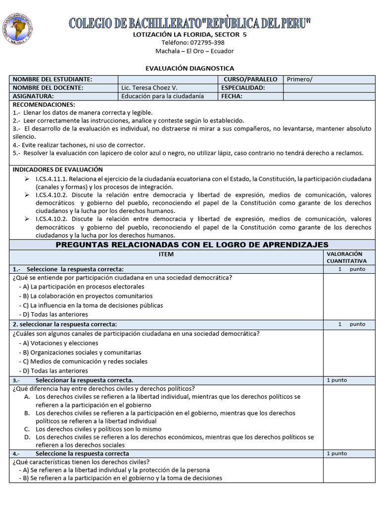 Evaluacion Diag. Primero Bach. Ciudadania | PDF | Democracia | Ideologías políticas