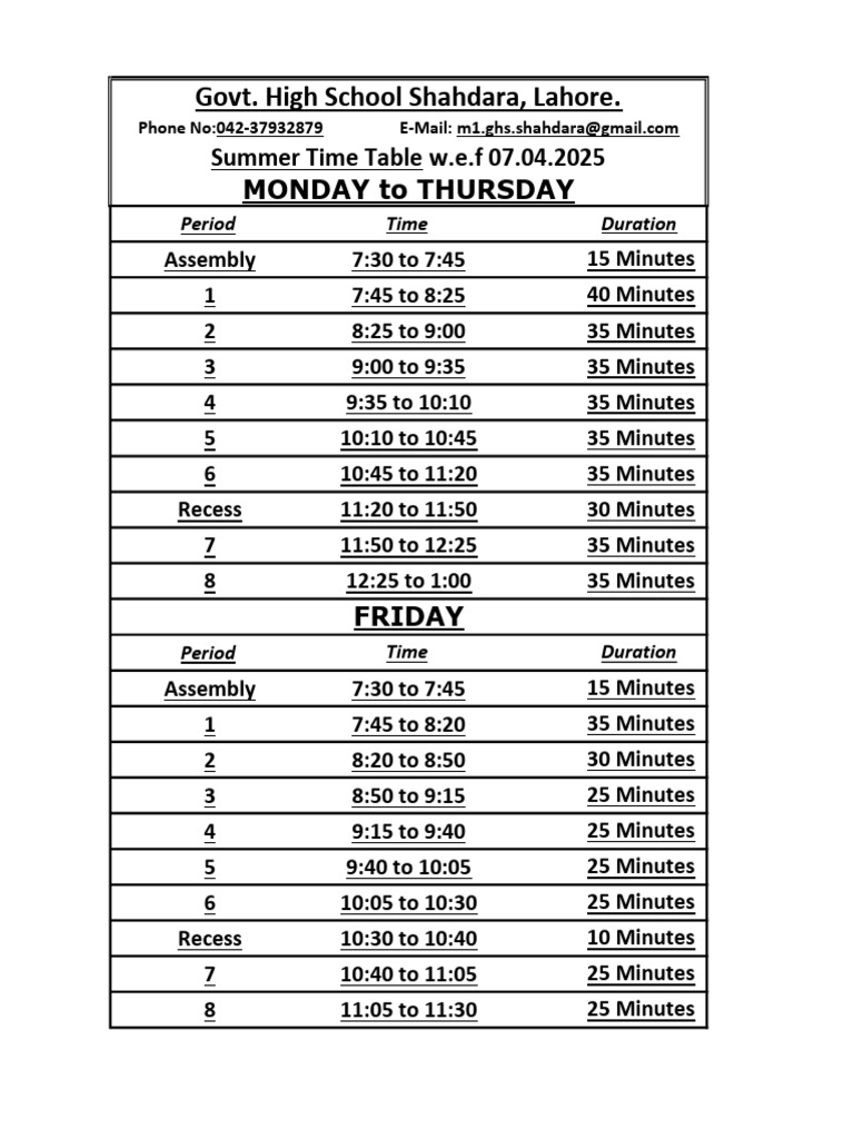 Summer Time Table 2025 W.E.F 07.04.2025 | PDF