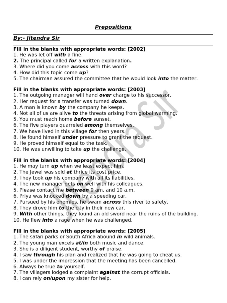 Prepositions Practice Exercises | PDF