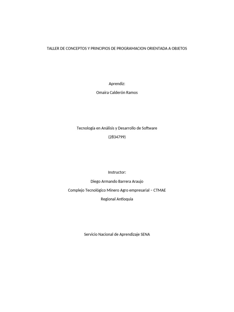 Taller De Conceptos Y Principios De Programacion Orientada A Objetos Pdf Objeto Informática