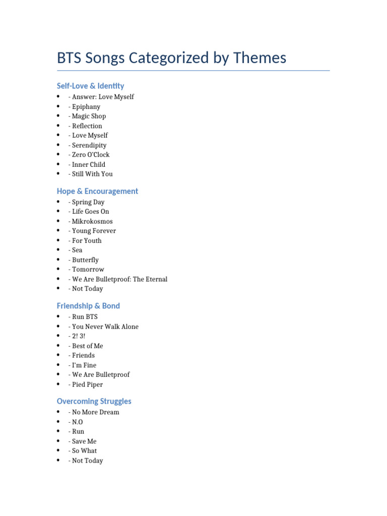 BTS Songs by Thematic Categories | PDF