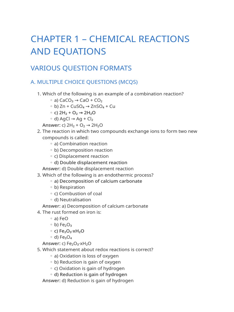 Chem Rxns & Eq - NCERT Ch. 1 Q&A | PDF | Redox | Chemical Reactions