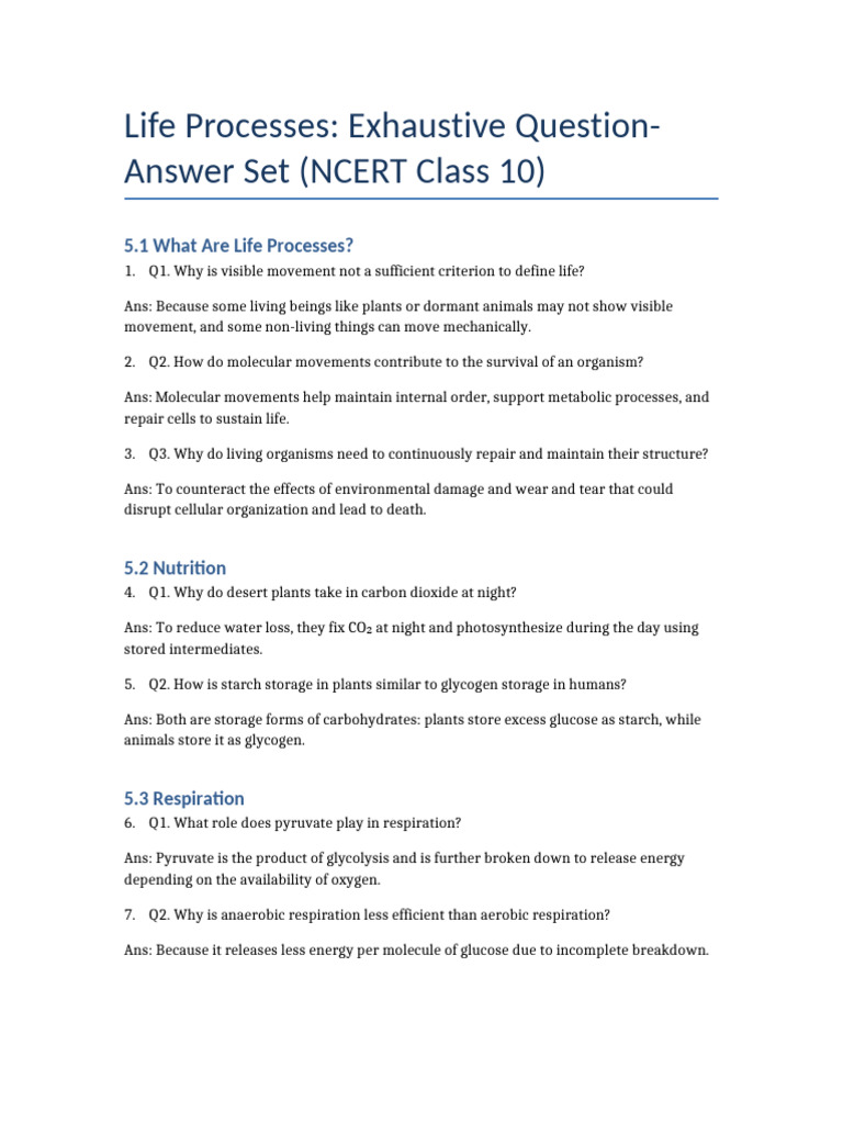 Life Processes Q&A for NCERT Class 10 | PDF | Cellular Respiration ...