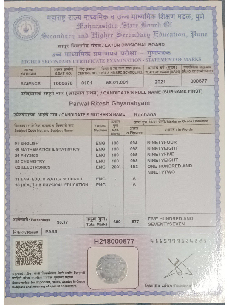 12th Marksheet | PDF
