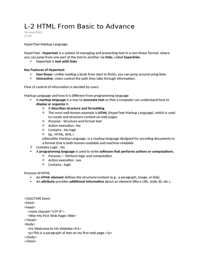 L-2 HTML From Basic To Advance | PDF | Html Element | Hyperlink