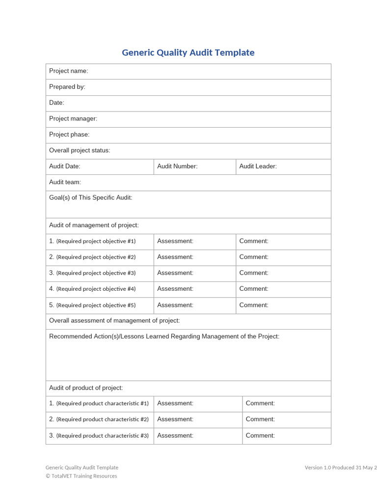 Generic Quality Audit Template | PDF
