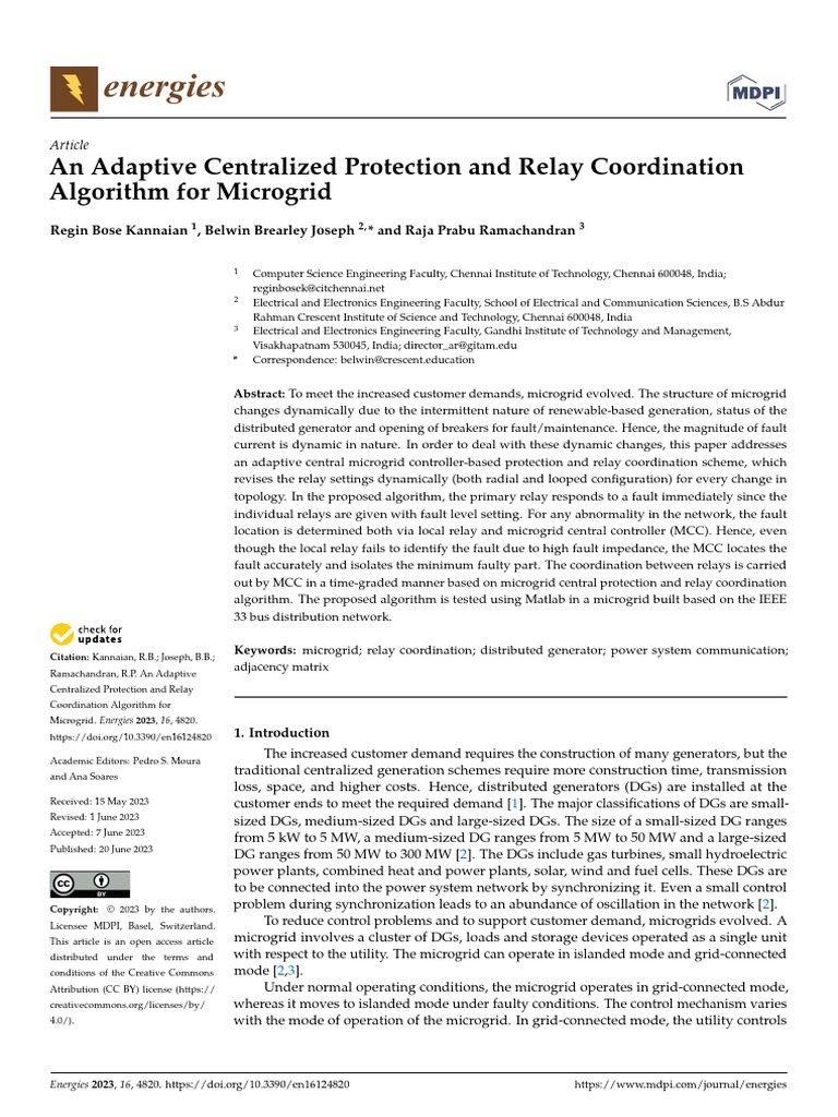 ENERGIES An Adaptive Centralized Protection and Relay Coordination Algorithm For Microgrid | PDF ...
