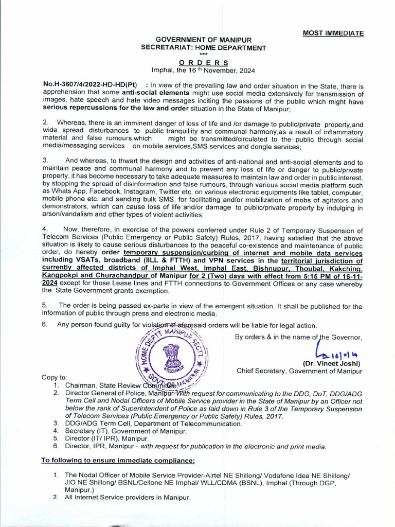 Internet Suspension Order in Manipur | PDF | Telecommunications ...
