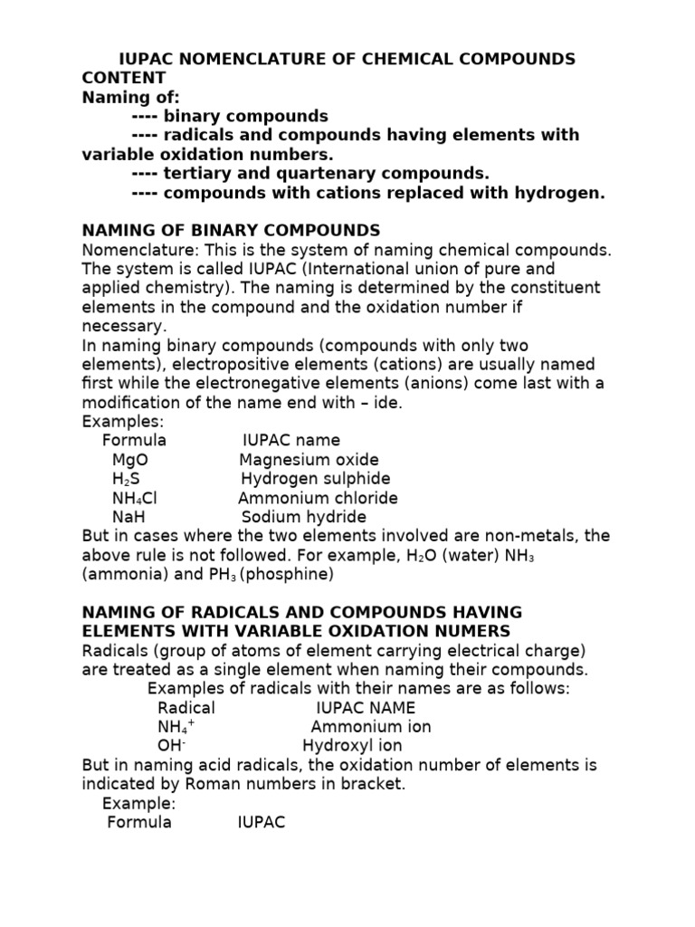 Iupac Nomenclature of Chemical Compounds Ss1 Chemistry | PDF | Ion ...