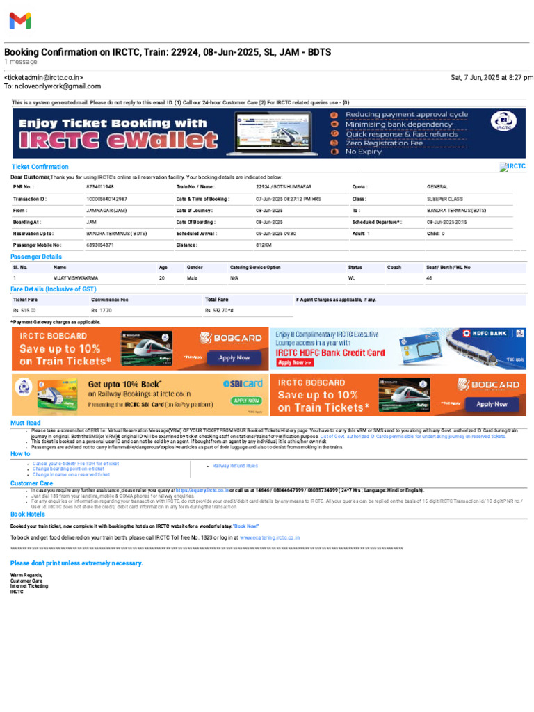 IRCTC Train Booking Confirmation 22924 | PDF | Service Industries