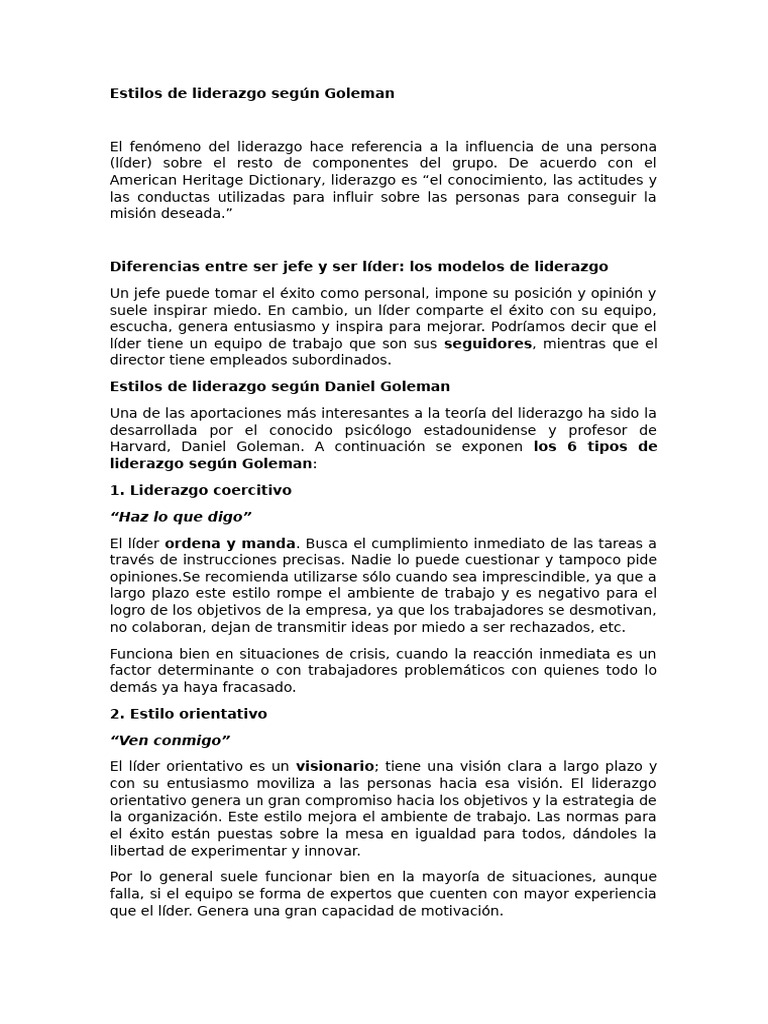 Estilos de Liderazgo Según Goleman | PDF | Liderazgo | Inteligencia emocional