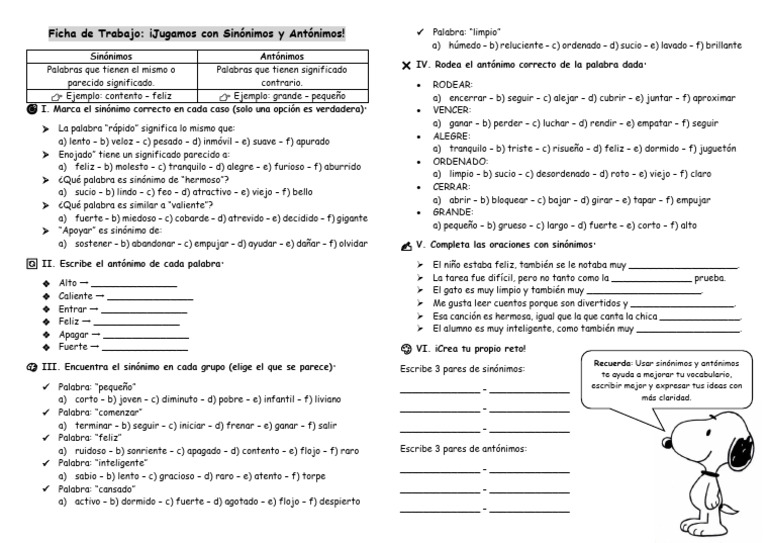 Ficha de Sinónimos y Antónimos para Niños | PDF