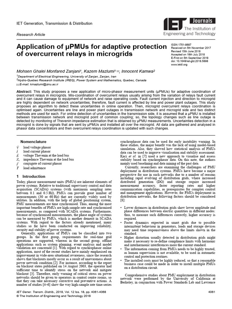 Mohsen Ghalei 2018 Application of ΜPMUs for Adaptive Protection of Overcurrent Relays in ...