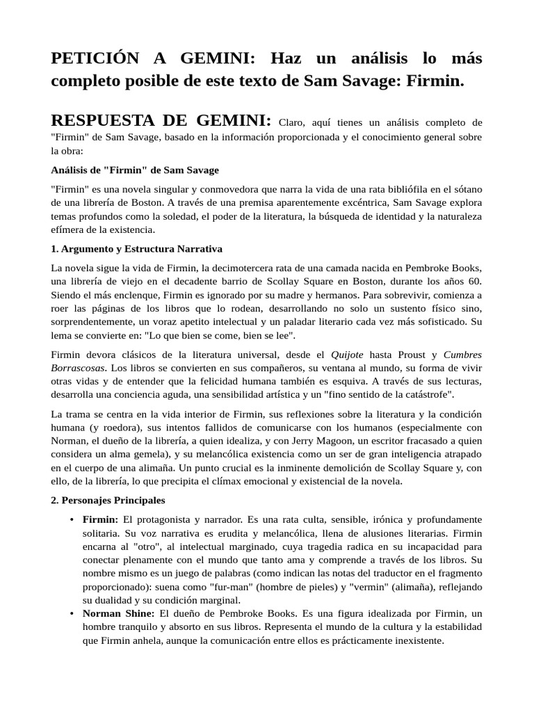 Análisis de Firmin, de Sam Savage-GEMINI | PDF | Novelas | Educación en ...