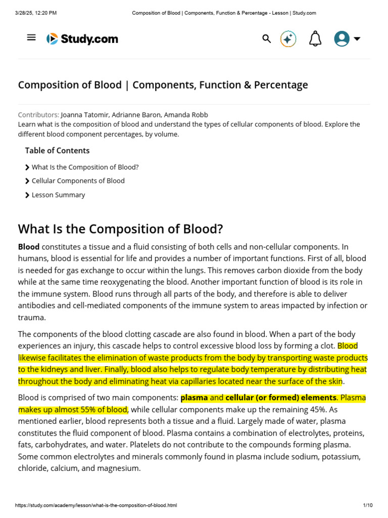 1.1 Composition of Blood - Components, Function & Percentage - Lesson ...