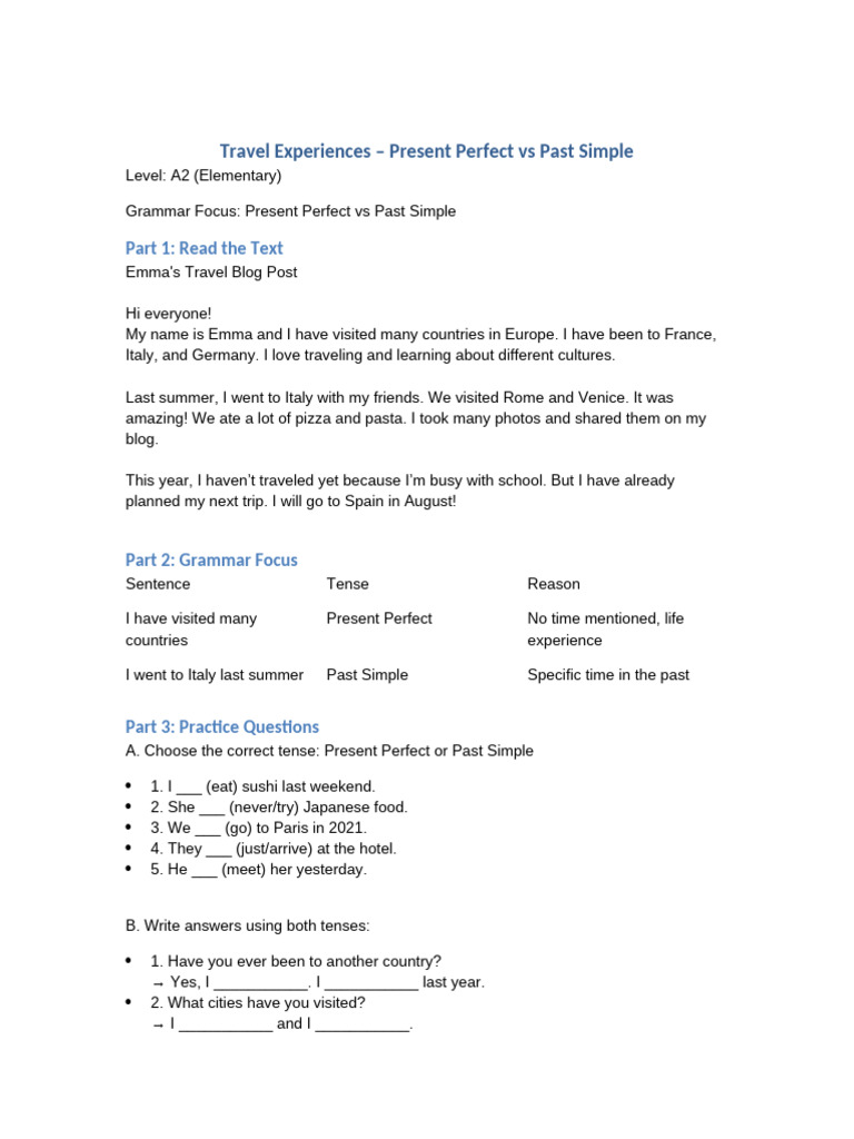 Travel Experiences Worksheet | PDF