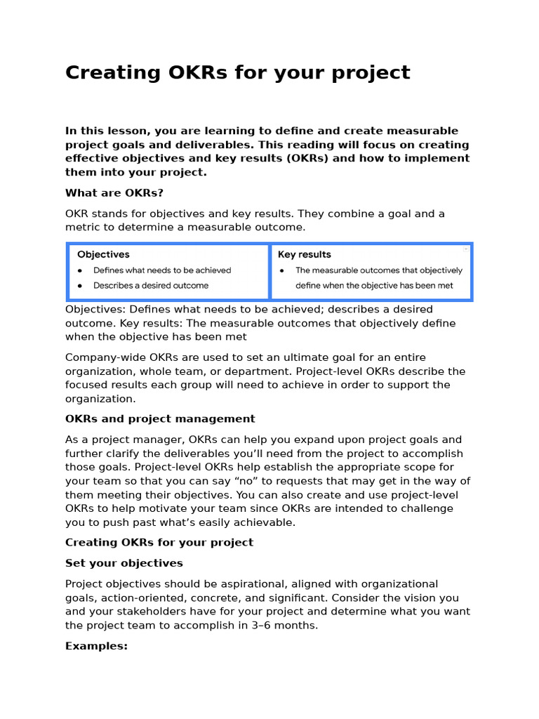 Creating OKRs For Your Project | PDF