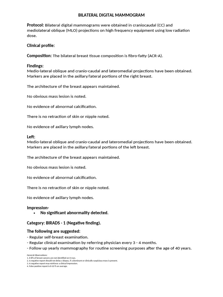 Bilateral Digital Mammogram Normal | PDF